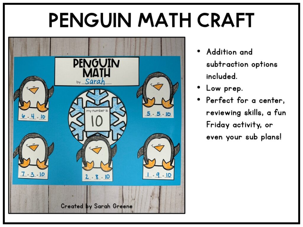 Penguin Addition or Subtraction Math Craft | Made By Teachers