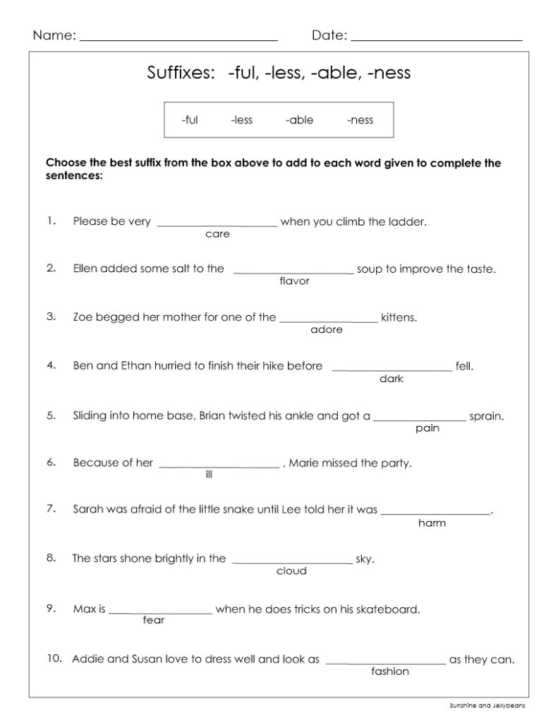Suffixes: -ful, -less, -able, -ness / 3 practice worksheets - Grade 3-4 ...