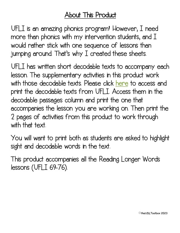 Additional Literacy Strands aligning with UFLI 69-76 with decodable ...