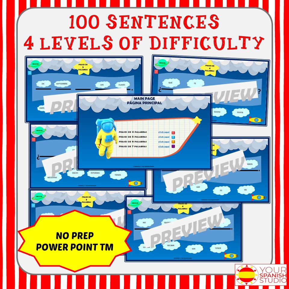 Build correct Spanish sentences Self-checking game no prep 4 levels ...