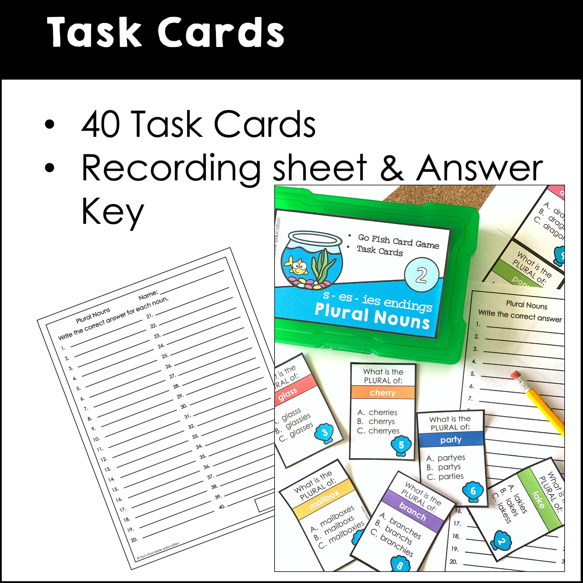 Plural Noun Go Fish Card Game | Task Cards : Add s, es, ies endings ...