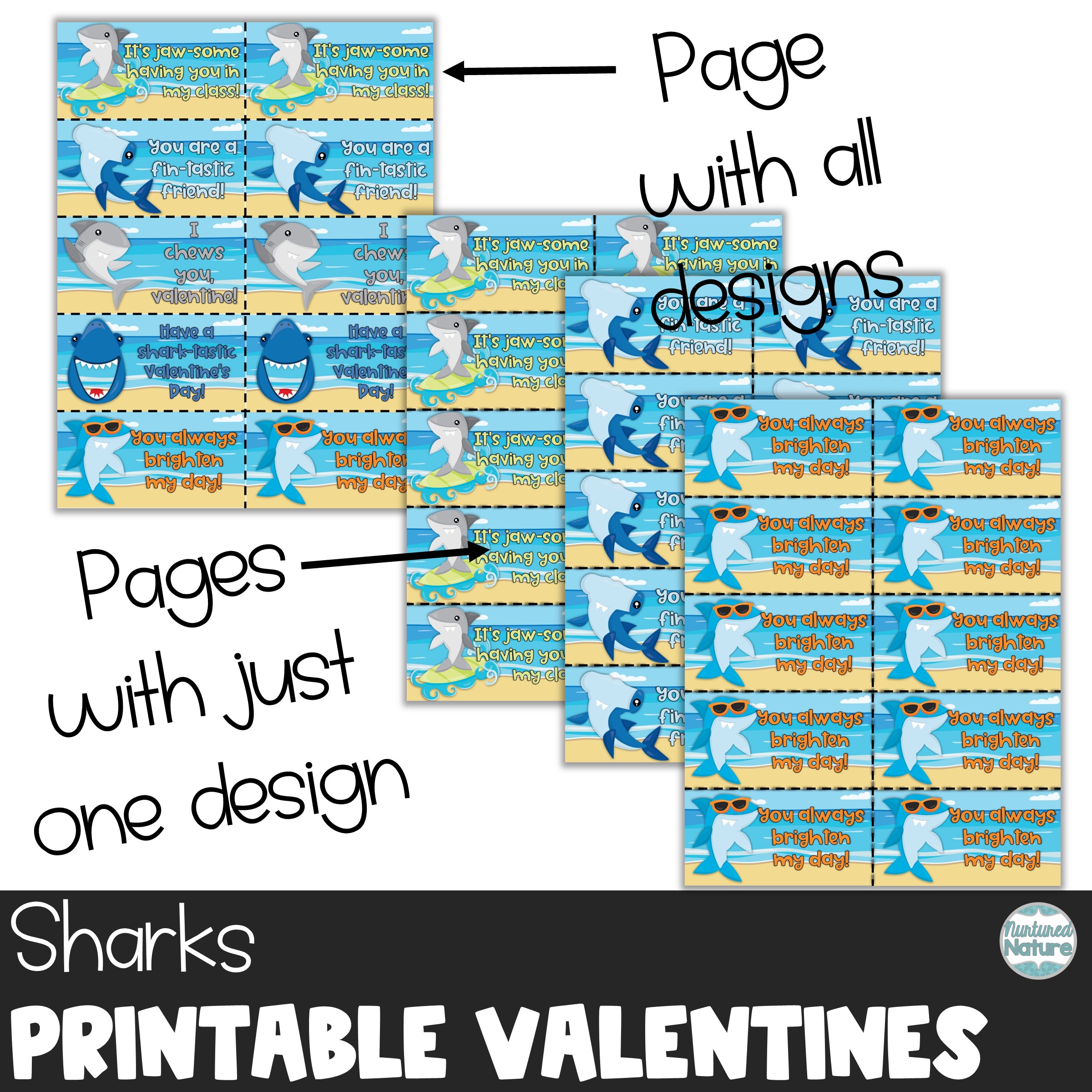 Shark Printable Valentine’s Day Cards for Students Class Exchange ...