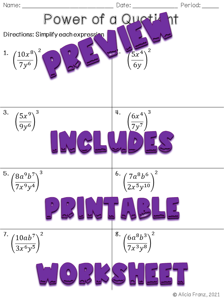 Laws of Exponents Power of a Quotient Activity Digital Pixel Art ...