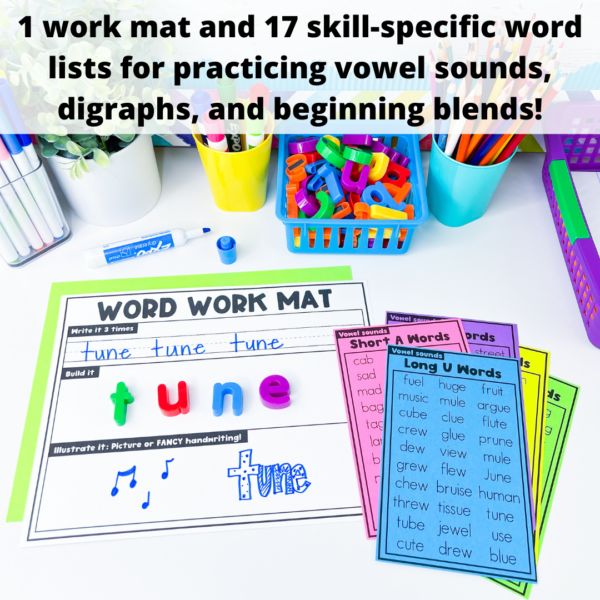 Word Work Mat with Skill-Specific Word Lists - Vowel Sounds, Digraphs ...