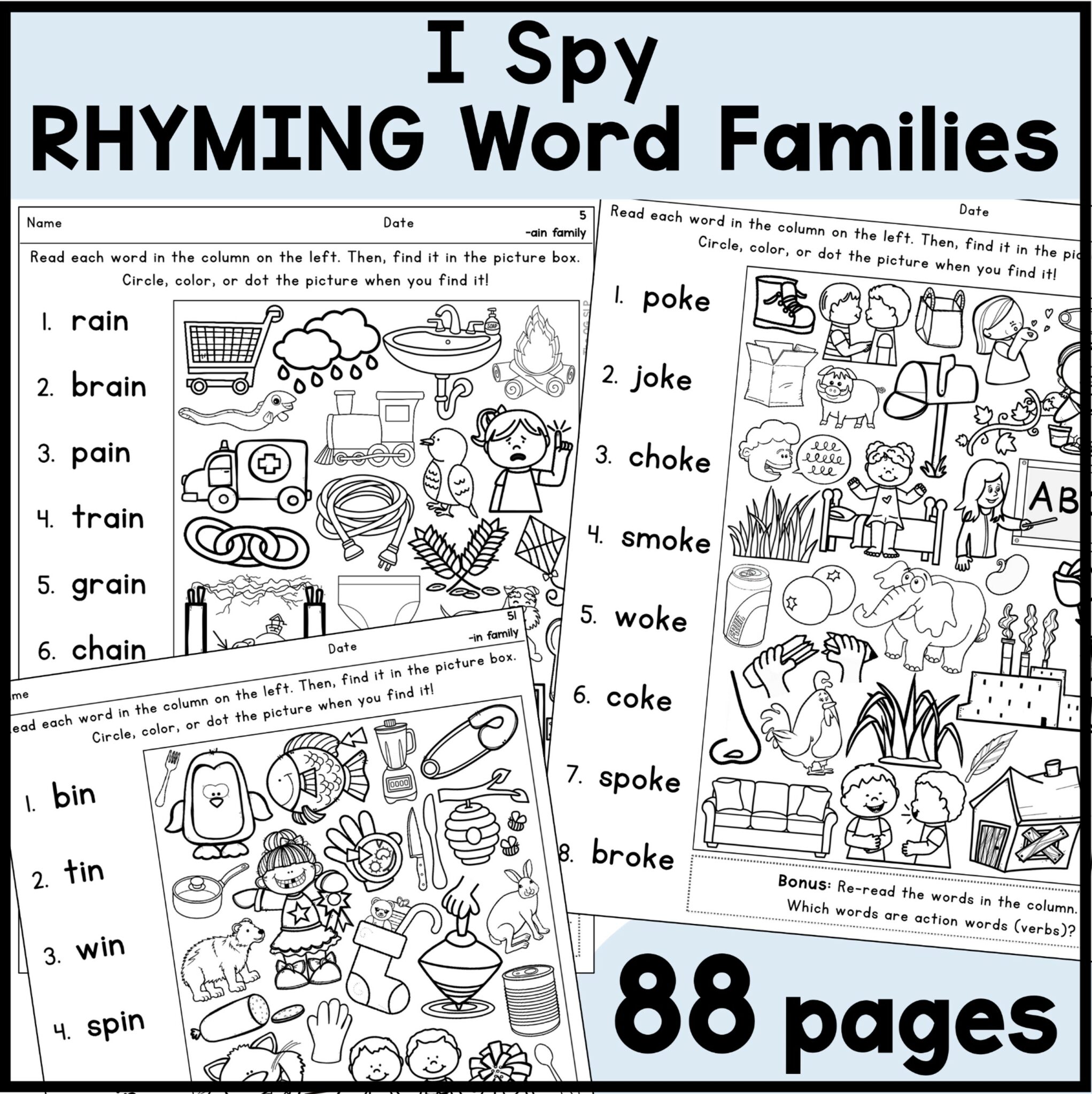 "I Spy" Coloring Pages Rhyming Word Families - Short and Long Vowels ...