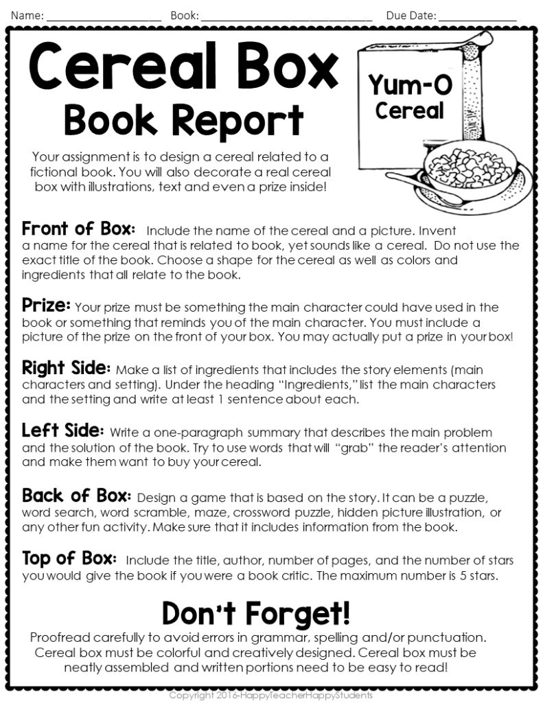 Cereal Box Book Report Template: Project Directions, Rubric & Example ...