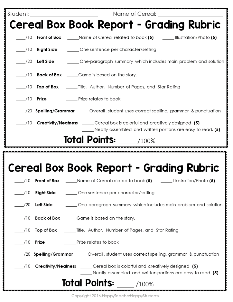 Cereal Box Book Report Template: Project Directions, Rubric & Example ...