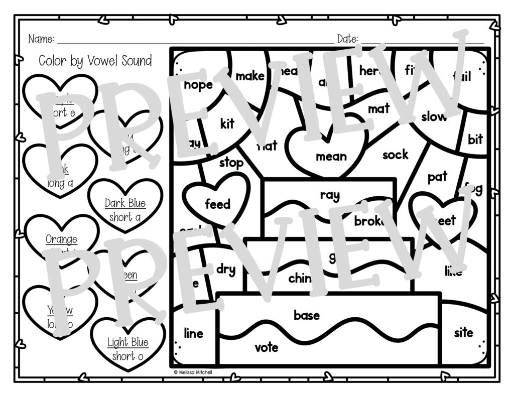 Valentine's Day Color by Long and Short Vowel Sounds | Made By Teachers
