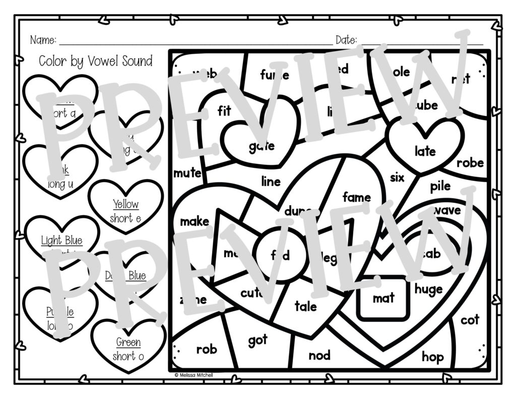 Valentine's Day Color by Long and Short Vowel Sounds | Made By Teachers