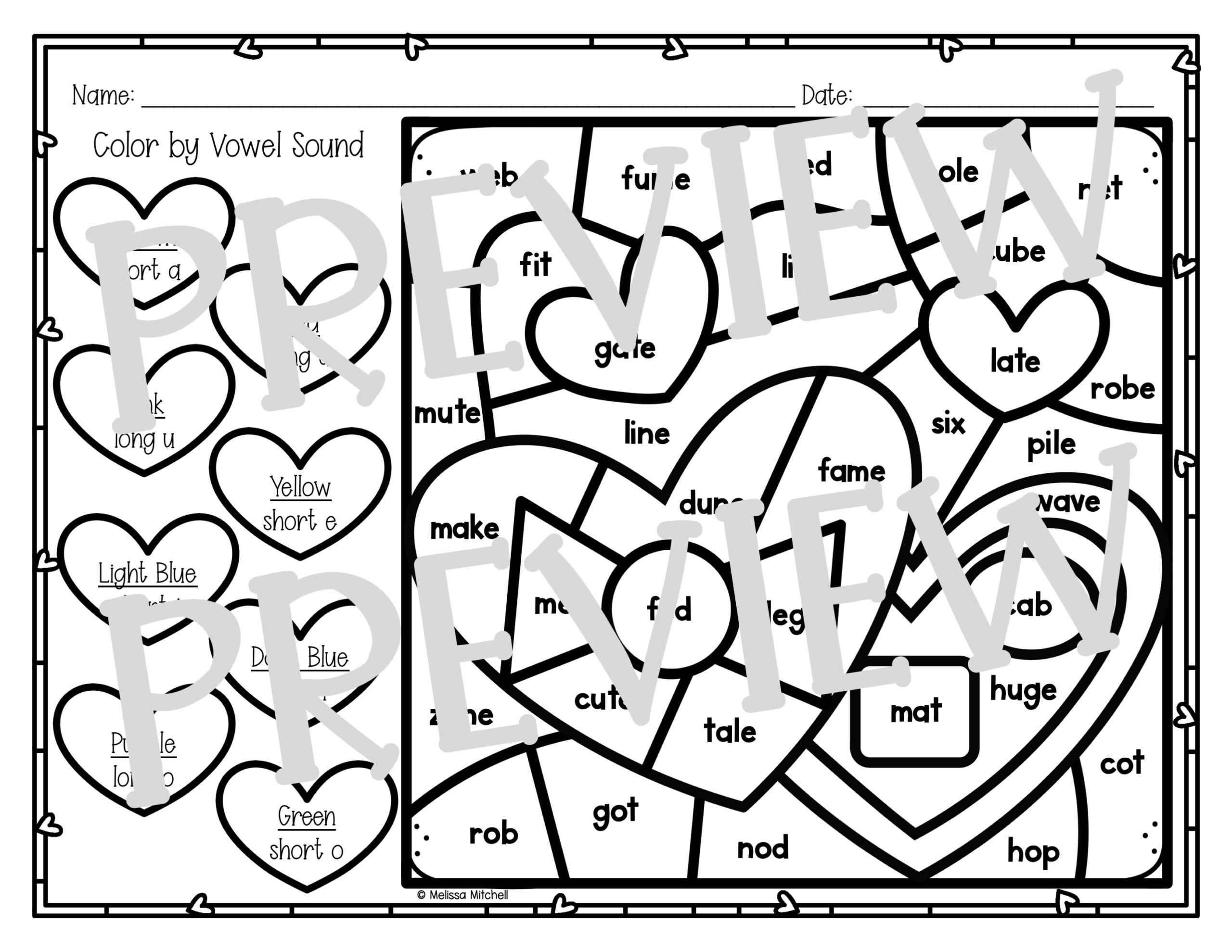 Valentine's Day Color by Long and Short Vowel Sounds | Made By Teachers