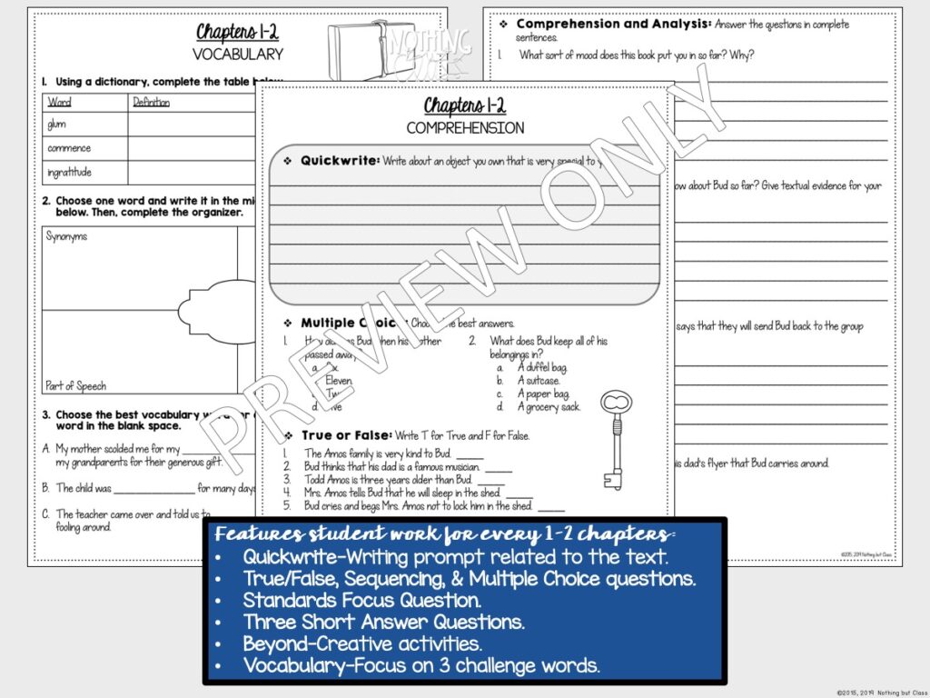 Bud, Not Buddy Novel Study Unit | Comprehension with Activities and ...