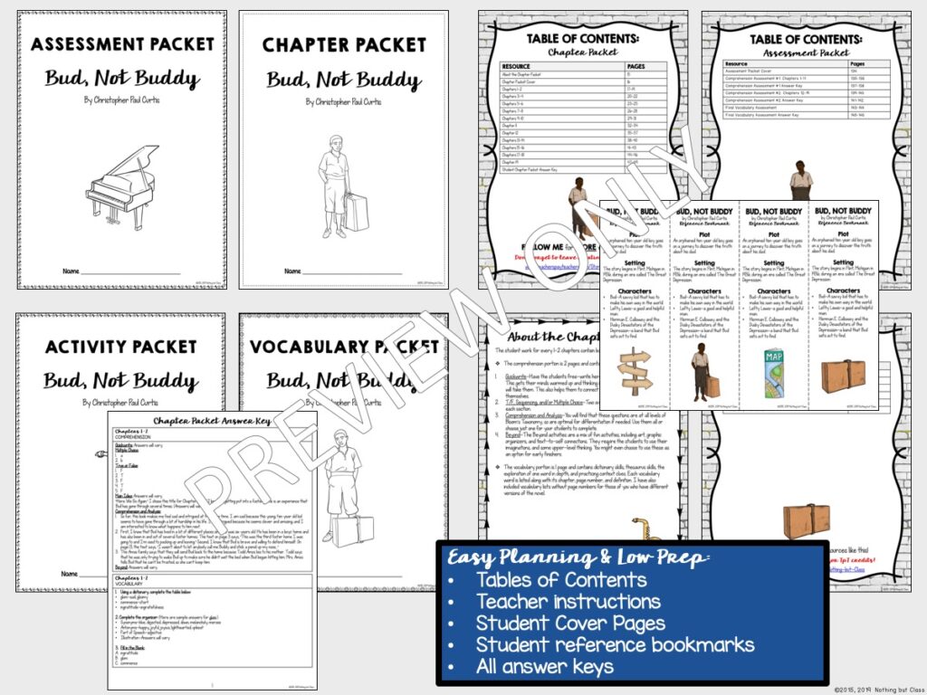 Bud, Not Buddy Novel Study Unit | Comprehension with Activities and ...