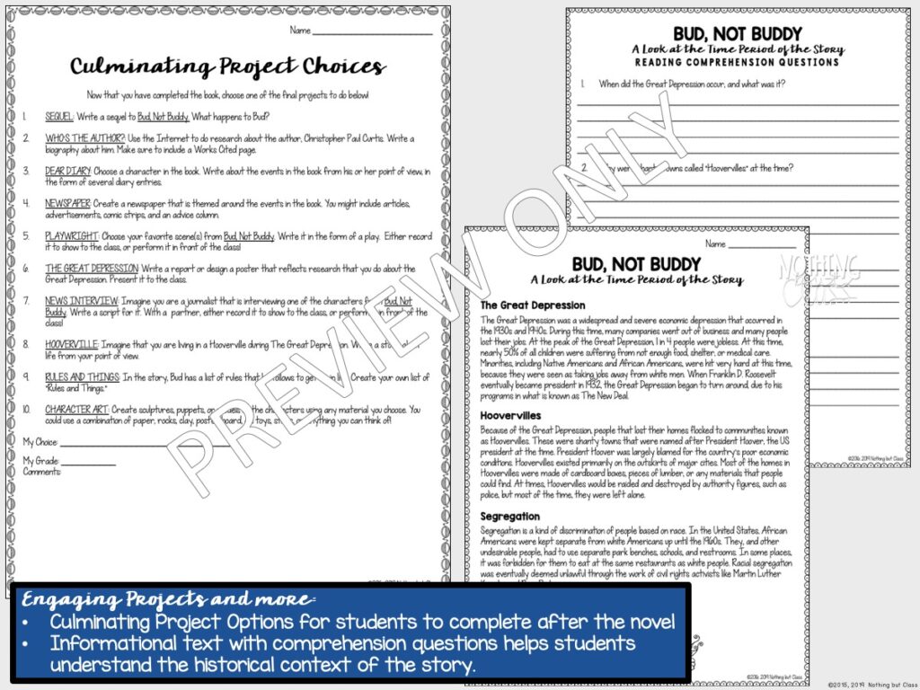 Bud, Not Buddy Novel Study Unit | Comprehension with Activities and ...