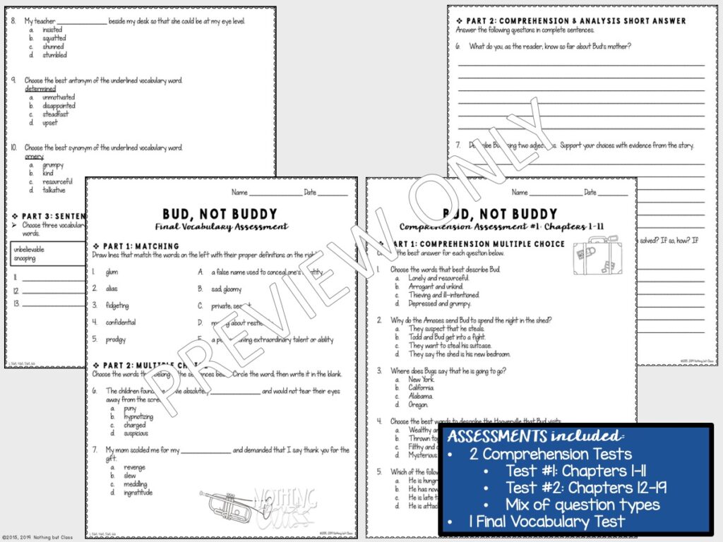 Bud, Not Buddy Novel Study Unit | Comprehension with Activities and ...