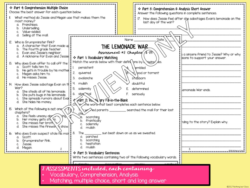 The Lemonade War Novel Study Unit | Comprehension with Activities and ...