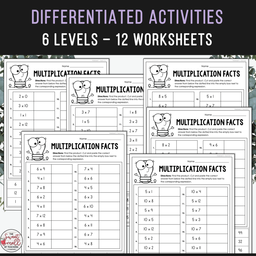 Multiplication Facts Practice Facts 1 to 12 Differentiated Cut & Paste ...