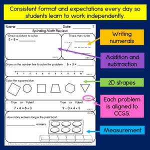 Math Spiral Review Daily Worksheets Morning Work Homework Month 1 ...