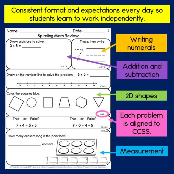 Math Spiral Review Daily Worksheets Morning Work Homework Month 1 ...