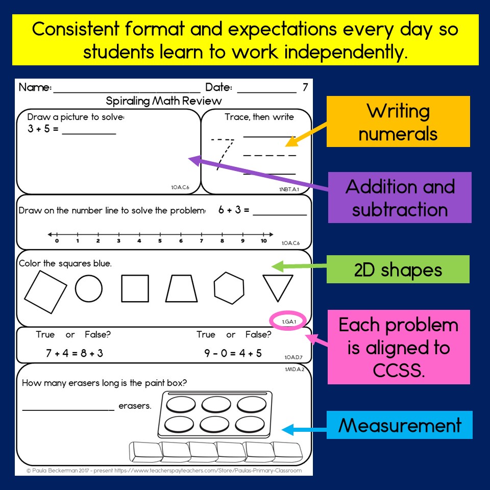 Math Spiral Review Daily Worksheets Morning Work Homework Month 1 ...