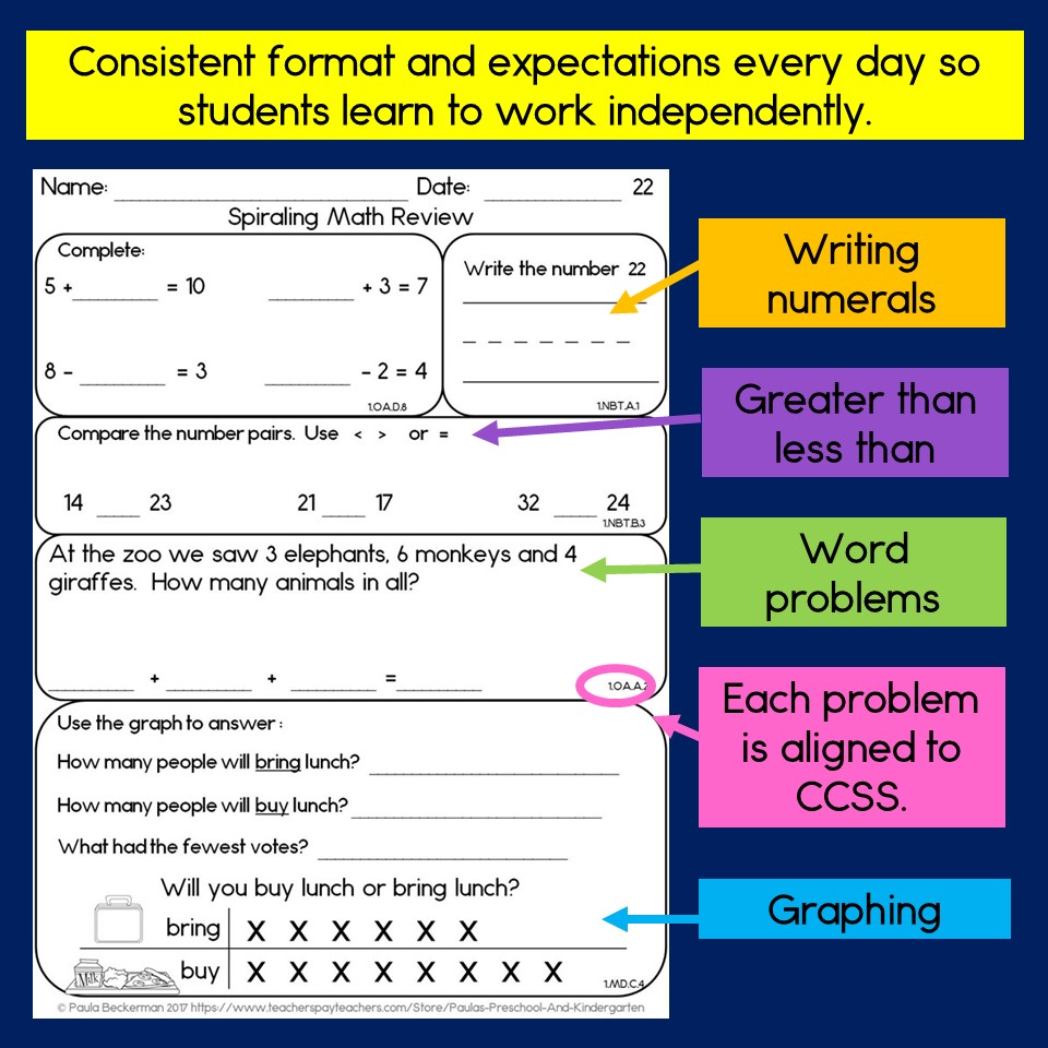 Math Spiral Review Daily Worksheets Morning Work Homework Month 2 Fall ...