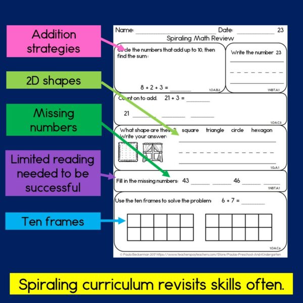Math Spiral Review Daily Worksheets Morning Work Homework Month 2 Fall ...