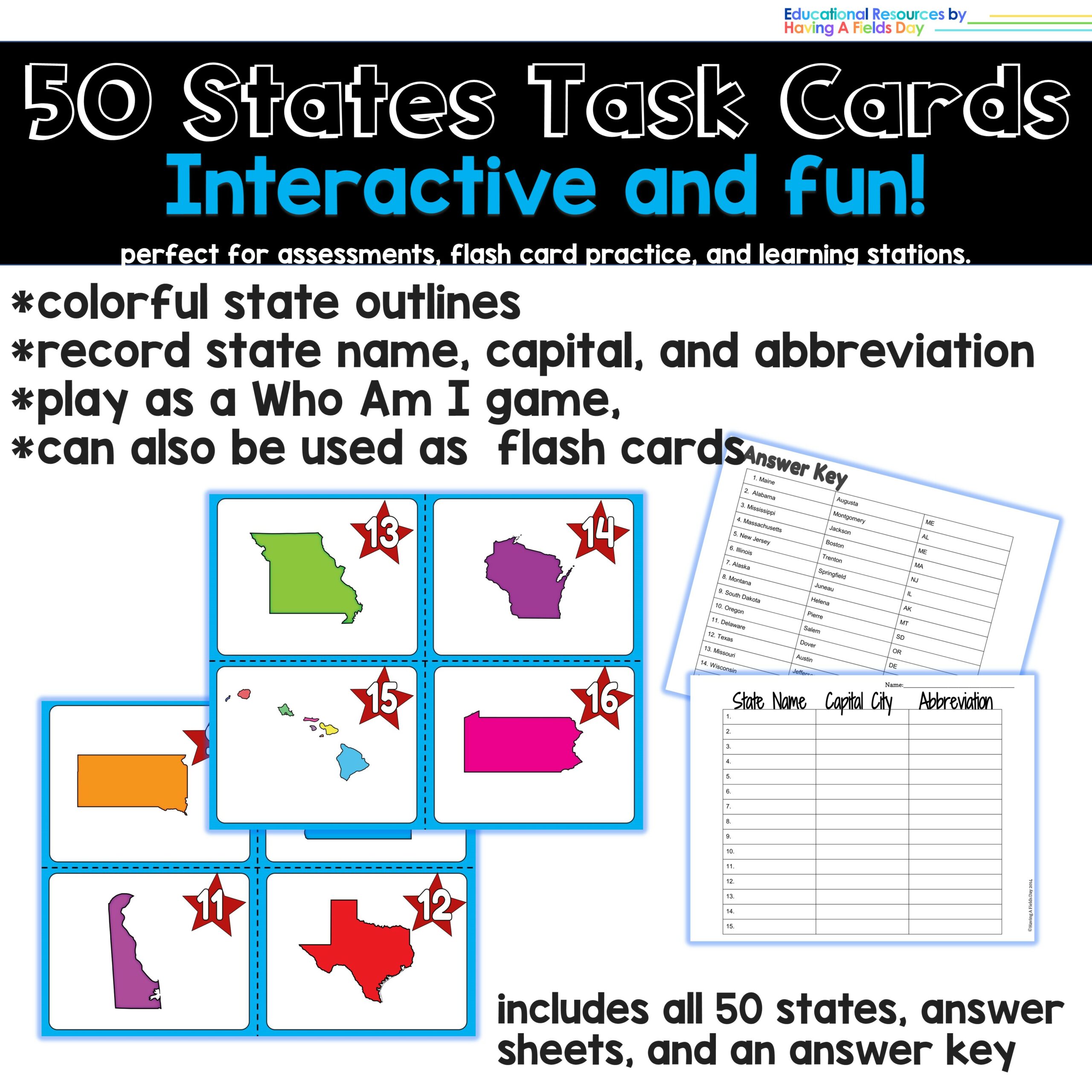 50 States and Capitals Task Cards | Made By Teachers