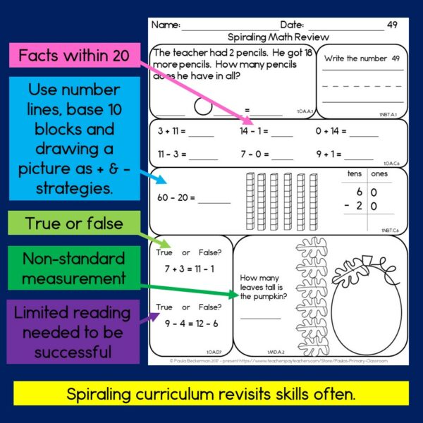 Math Spiral Review Daily Worksheets Morning Work Homework Month 3 Fall ...