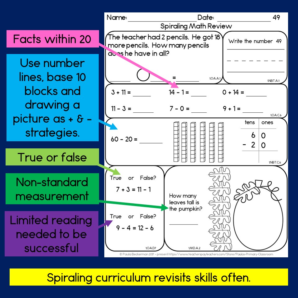 Math Spiral Review Daily Worksheets Morning Work Homework Month 3 Fall ...