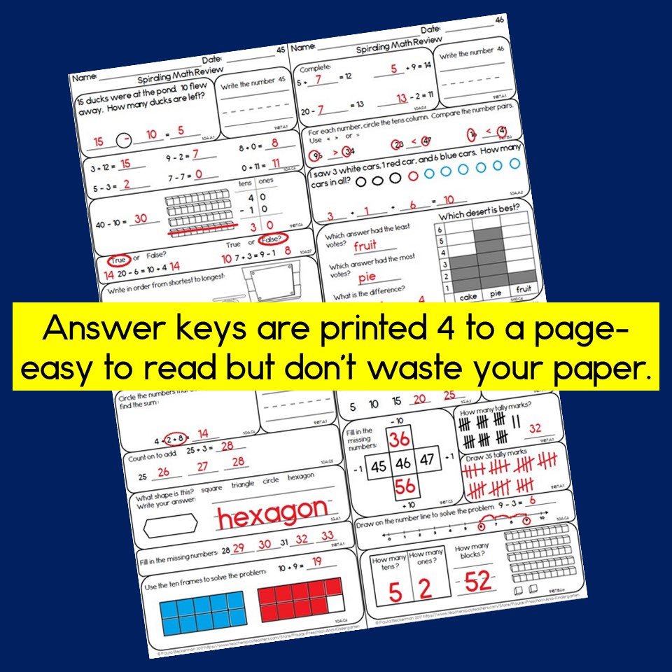 Math Spiral Review Daily Worksheets Morning Work Homework Month 3 Fall ...