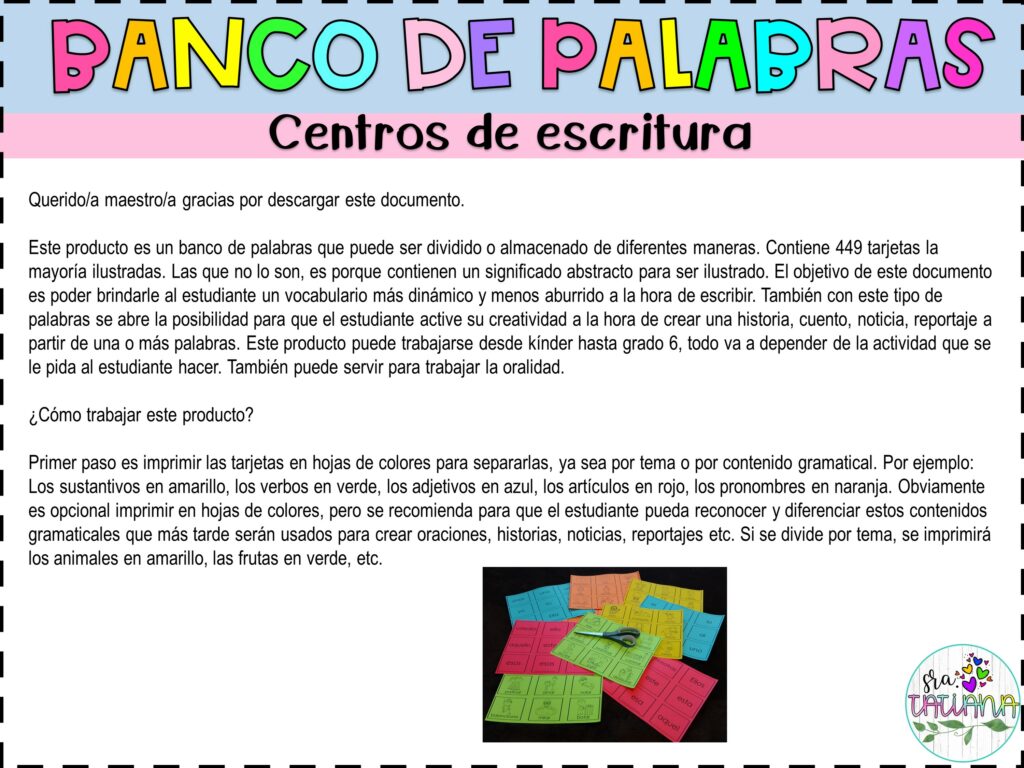 Spanish Vocabulary Words | Banco de Palabras para Centros de Escritura ...