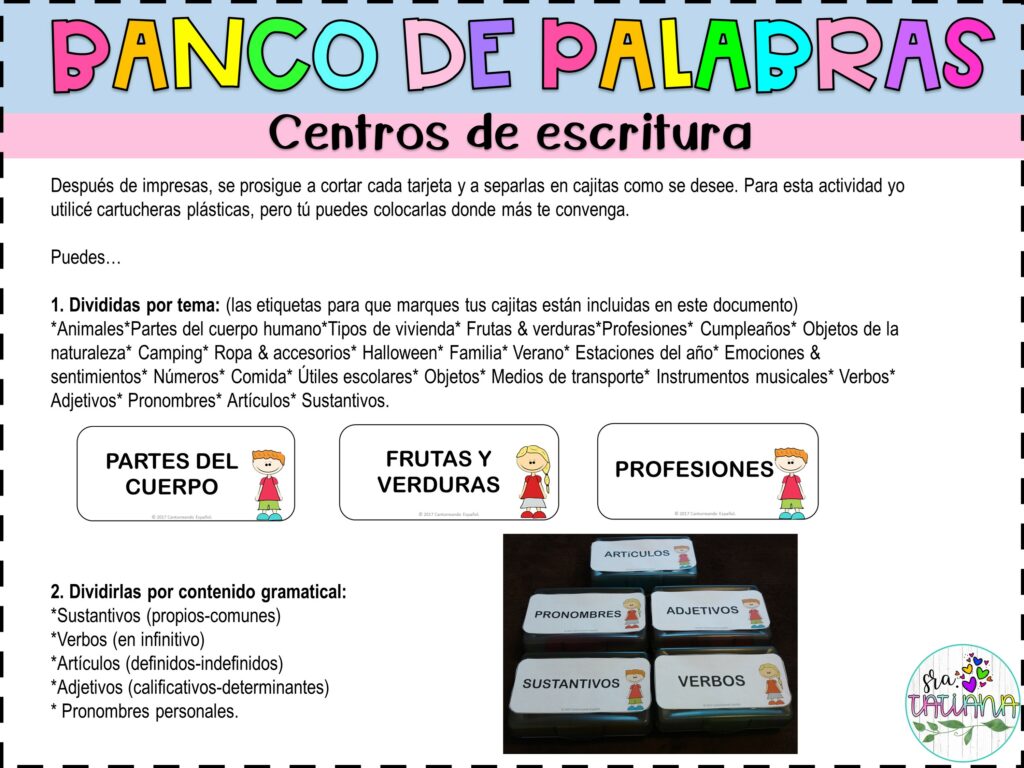 Spanish Vocabulary Words | Banco de Palabras para Centros de Escritura ...