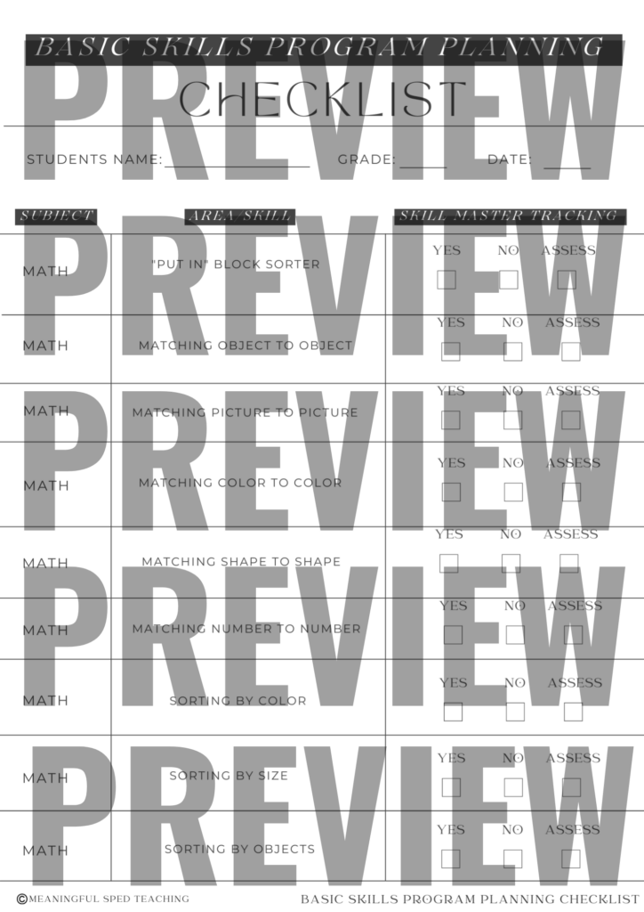 Special Education Basic Skills IEP Goal Baseline Checklist | Made By ...