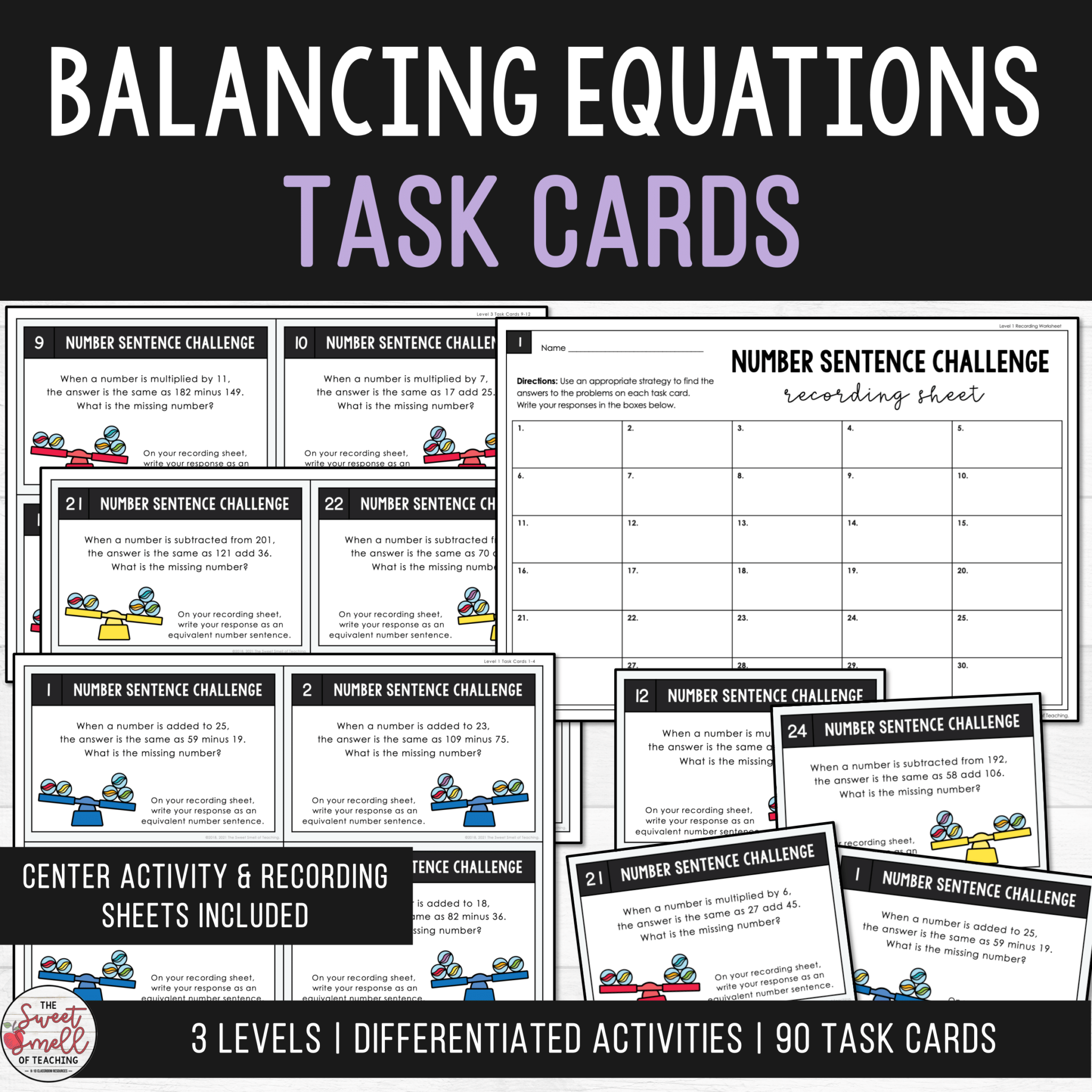 Balance the Equation Task Cards Writing Equivalent Number Sentences ...