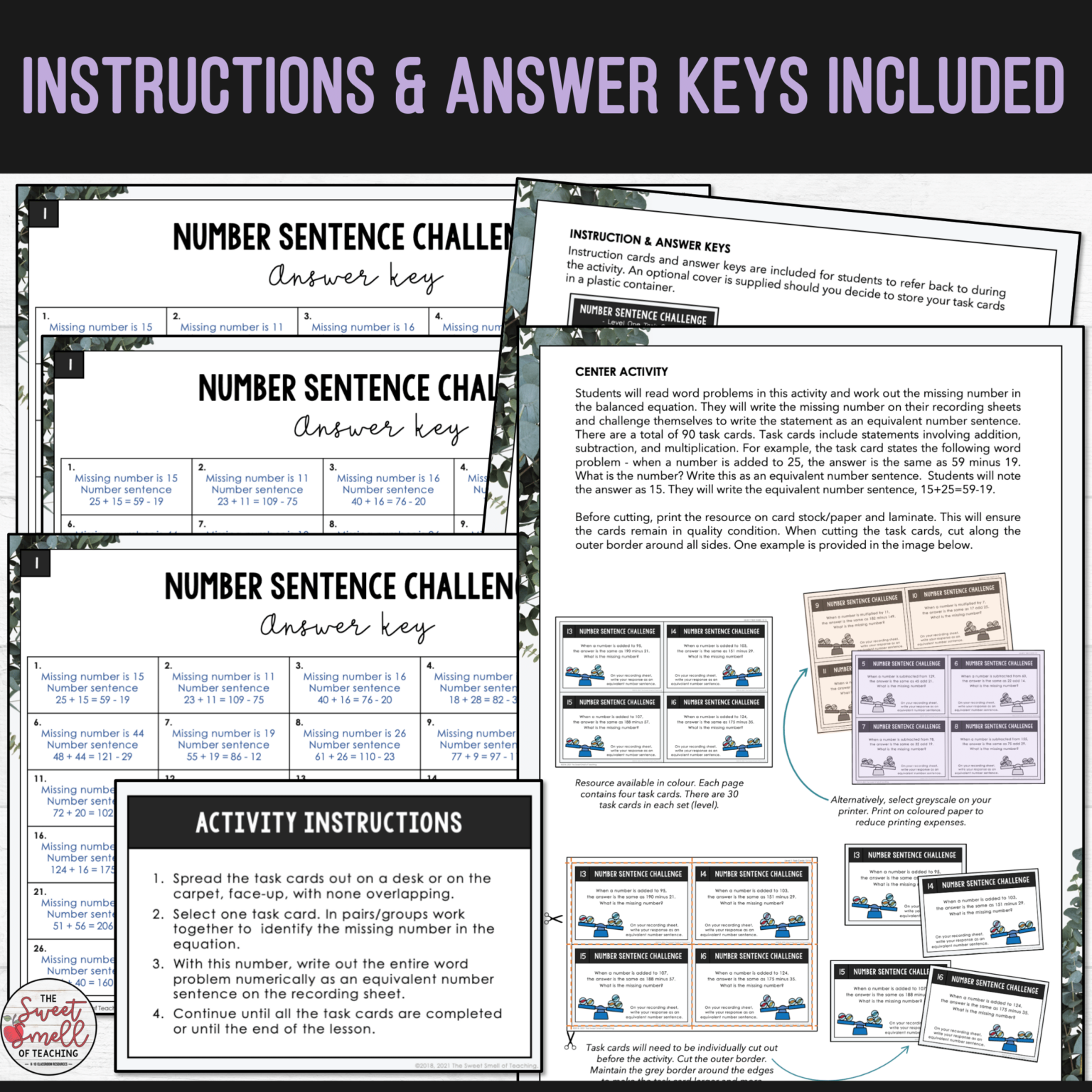 Balance the Equation Task Cards Writing Equivalent Number Sentences ...