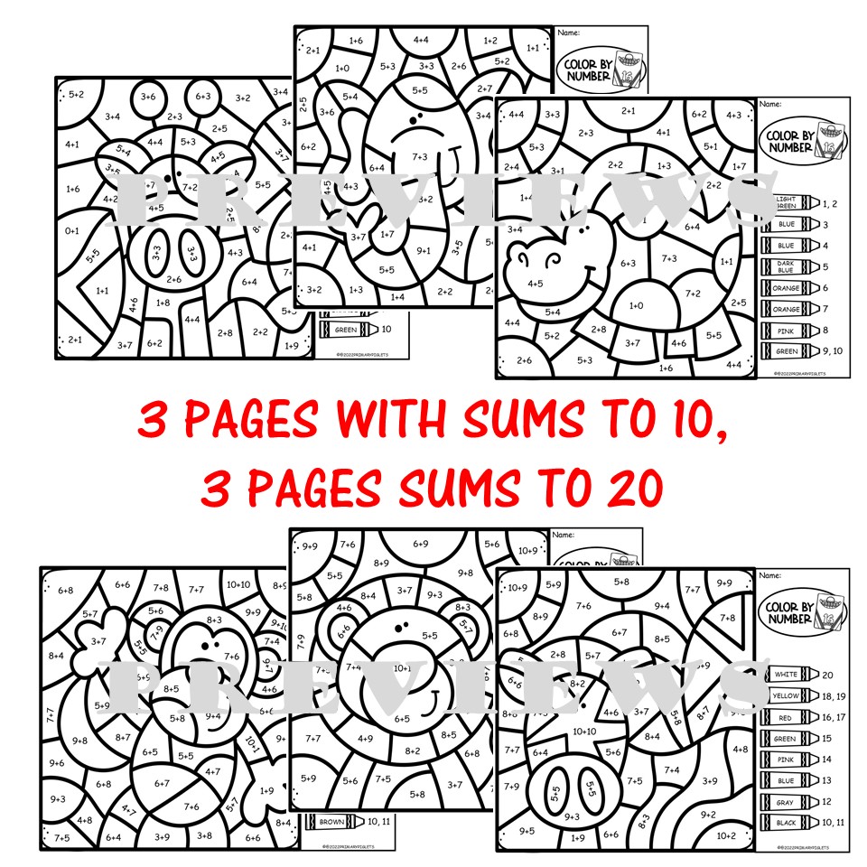 Zoo Animals Math Coloring Pages Addition to 10 & 20 Color by Number ...