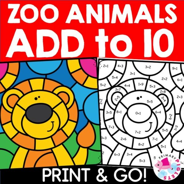 Zoo Animals Math Coloring Pages - Addition to 10 Color by Number Code ...