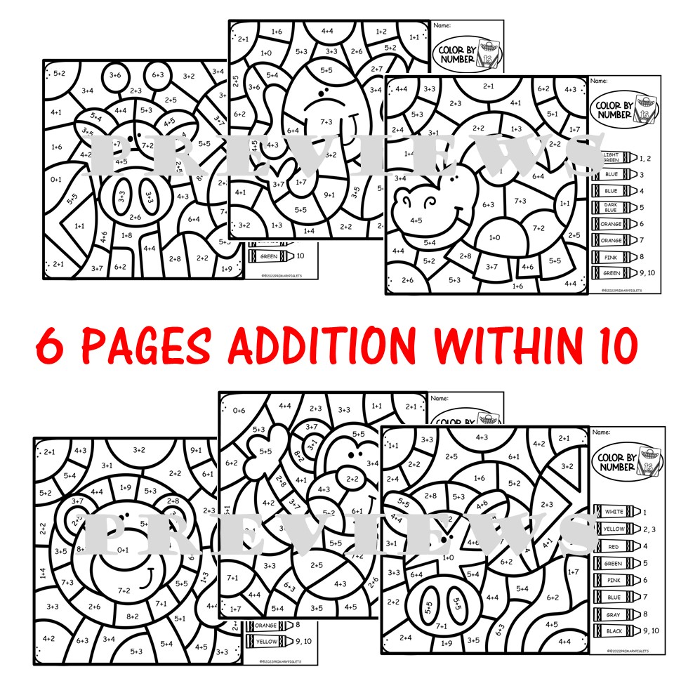 Zoo Animals Math Coloring Pages - Addition to 10 Color by Number Code ...