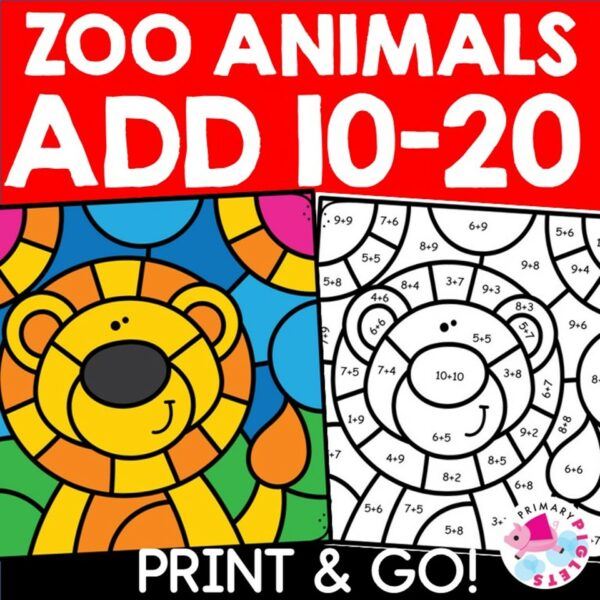 Zoo Animals Math Coloring Pages Addition Sums 10-20 Color by Number ...