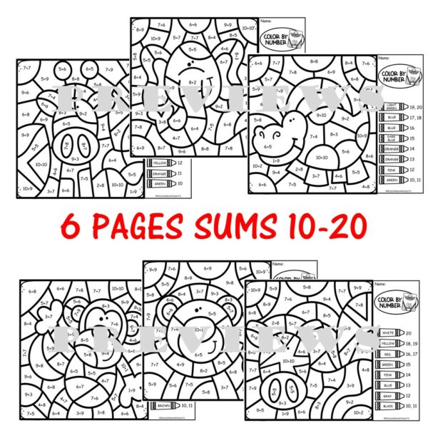 Zoo Animals Math Coloring Pages Addition Sums 10-20 Color by Number ...