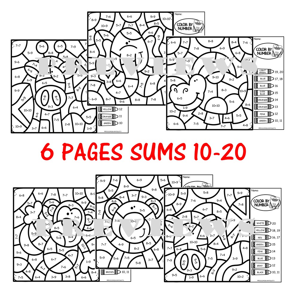 Zoo Animals Math Coloring Pages Addition Sums 10-20 Color by Number ...