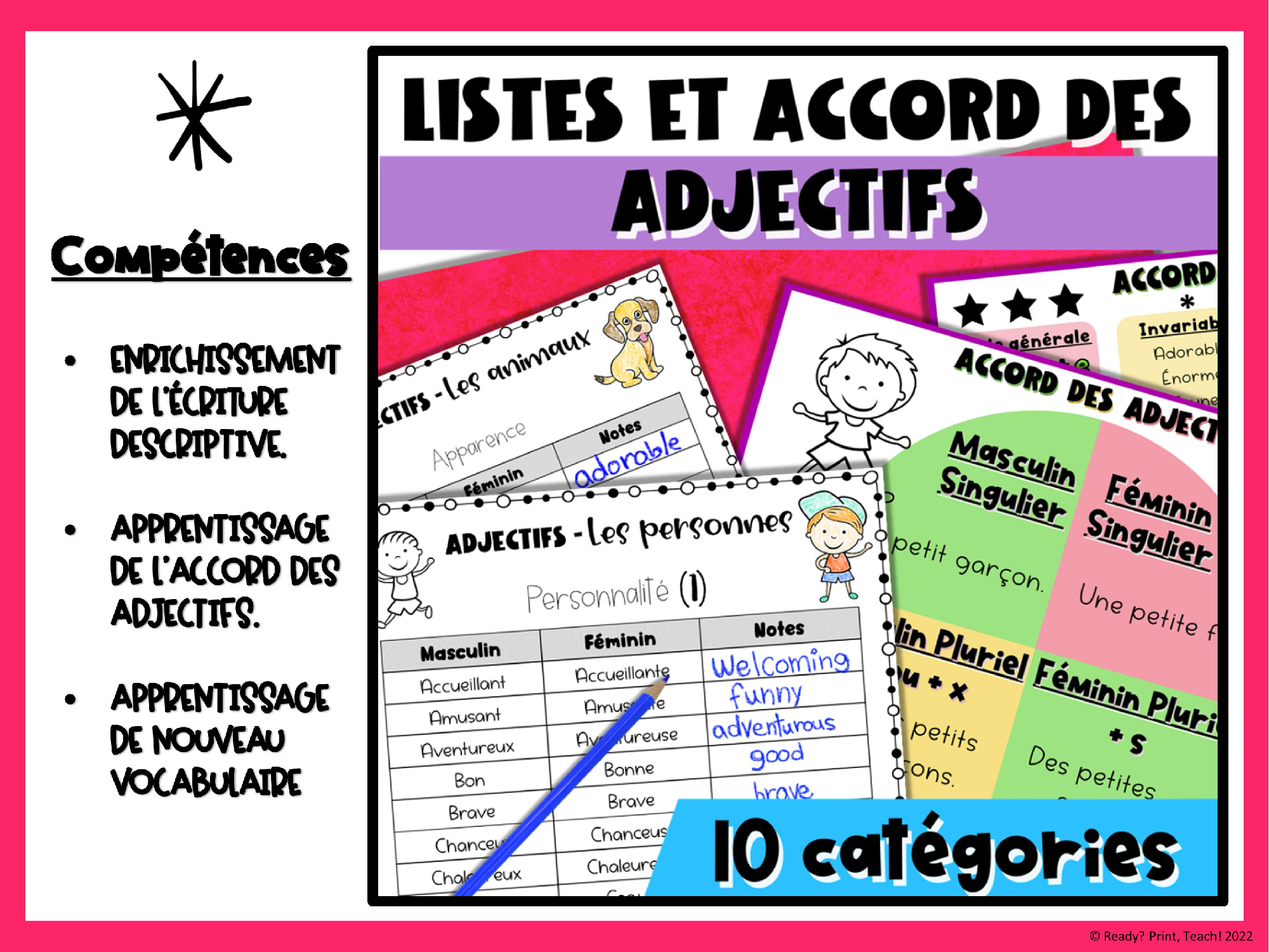 French Adjectives lists gender number agreement Descriptive writing ...