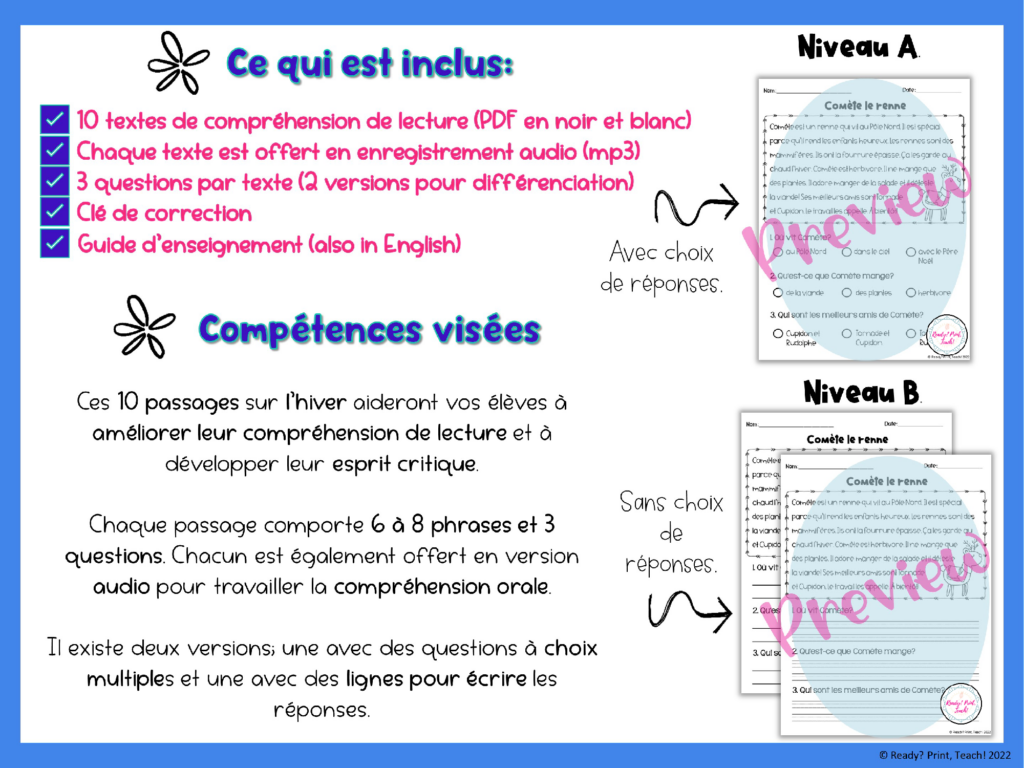 French Winter Differentiated Passages Reading Comprehension Lecture ...