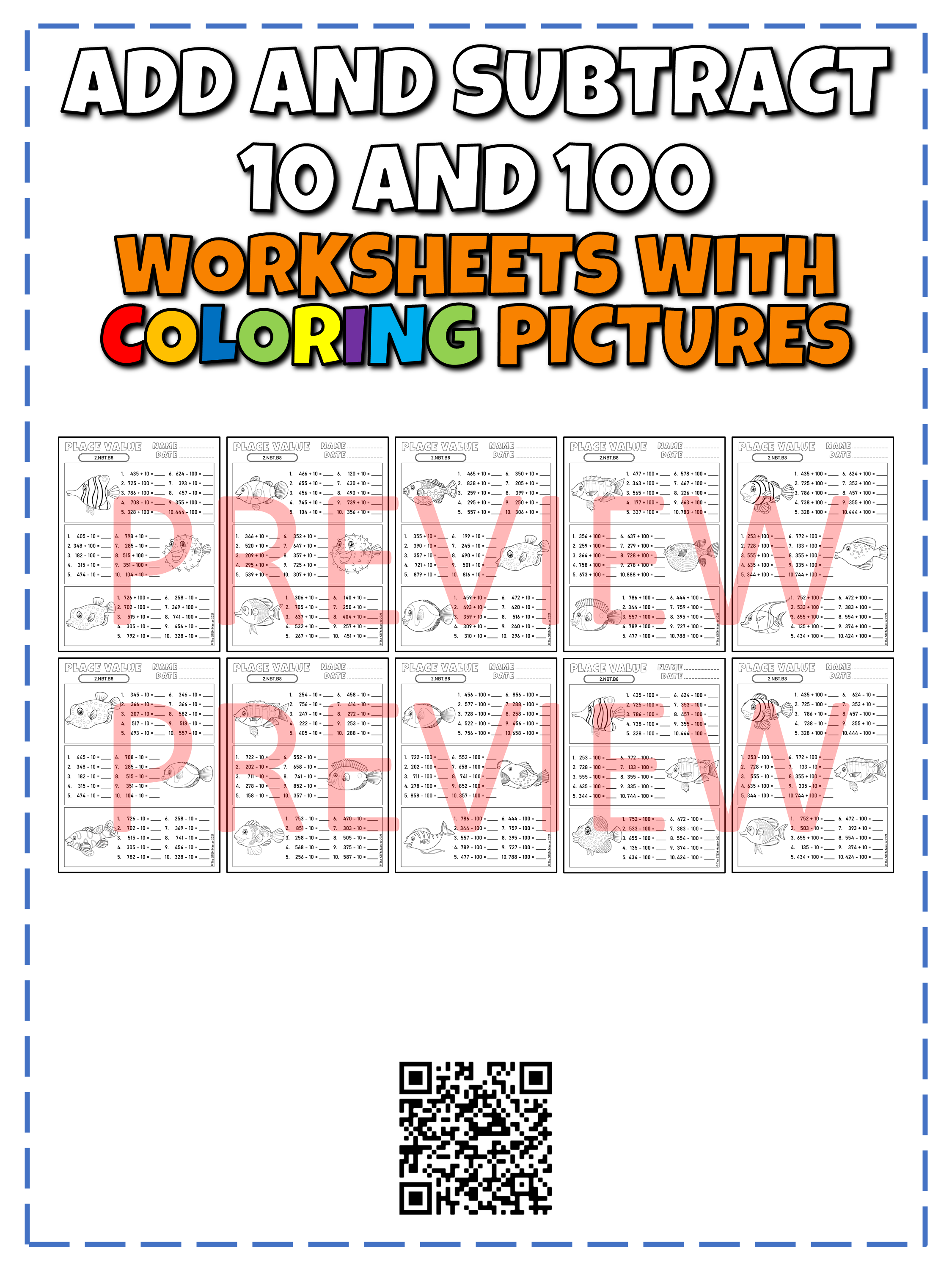 Add and Subtract 10 and 100 2.NBT.B8 Worksheets with Coloring Pictures ...