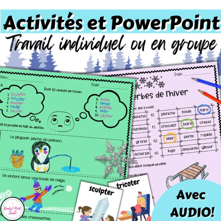 French action verbs Winter Hiver Google Slides Worksheets Audio ...