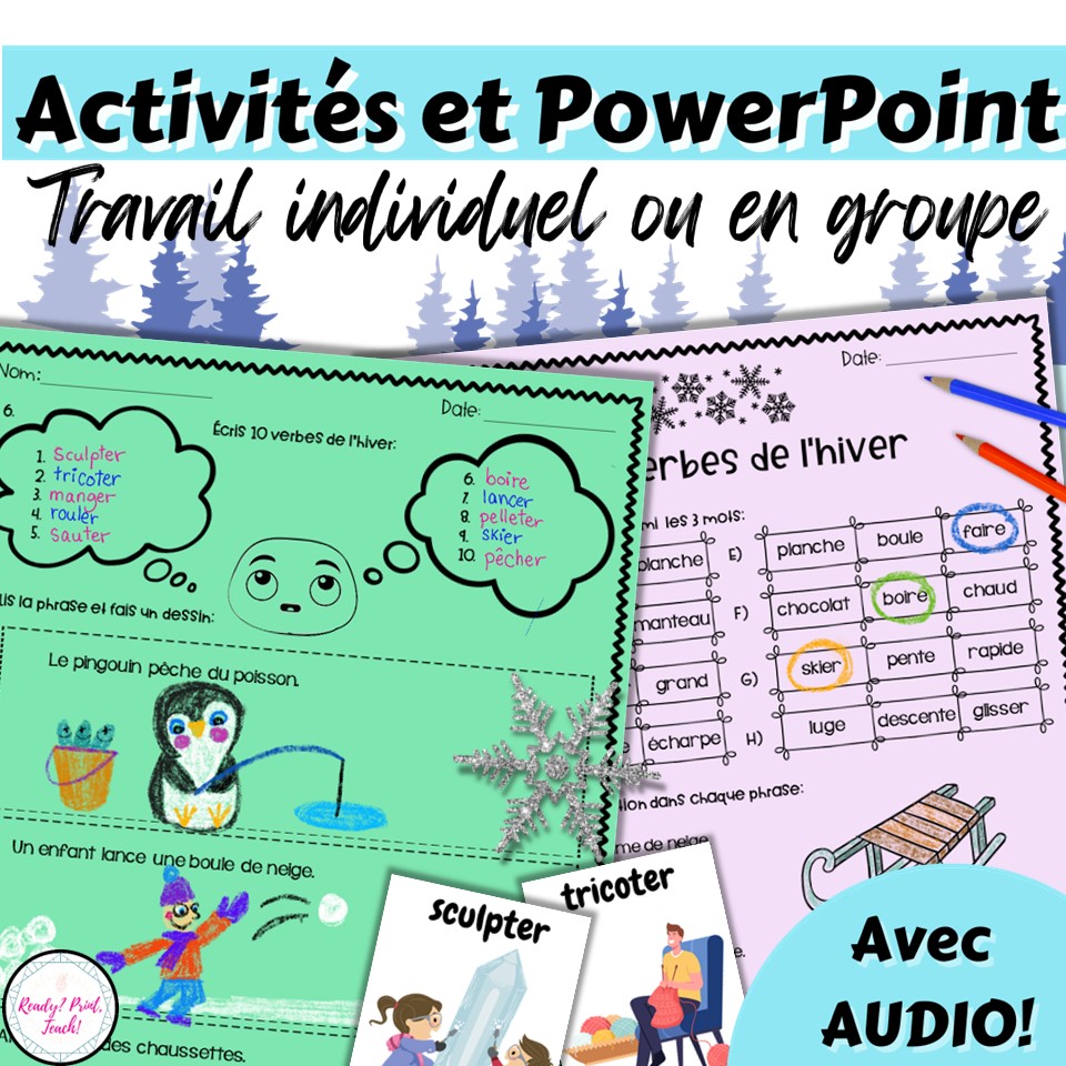 French action verbs Winter Hiver Google Slides Worksheets Audio ...