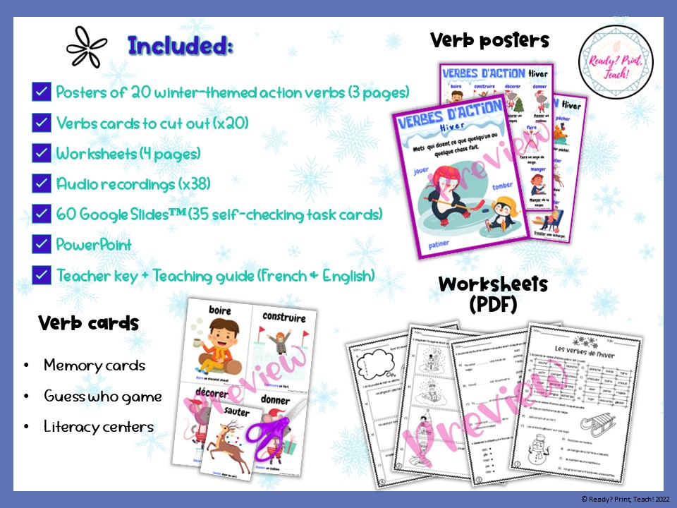 French action verbs Winter Hiver Google Slides Worksheets Audio ...