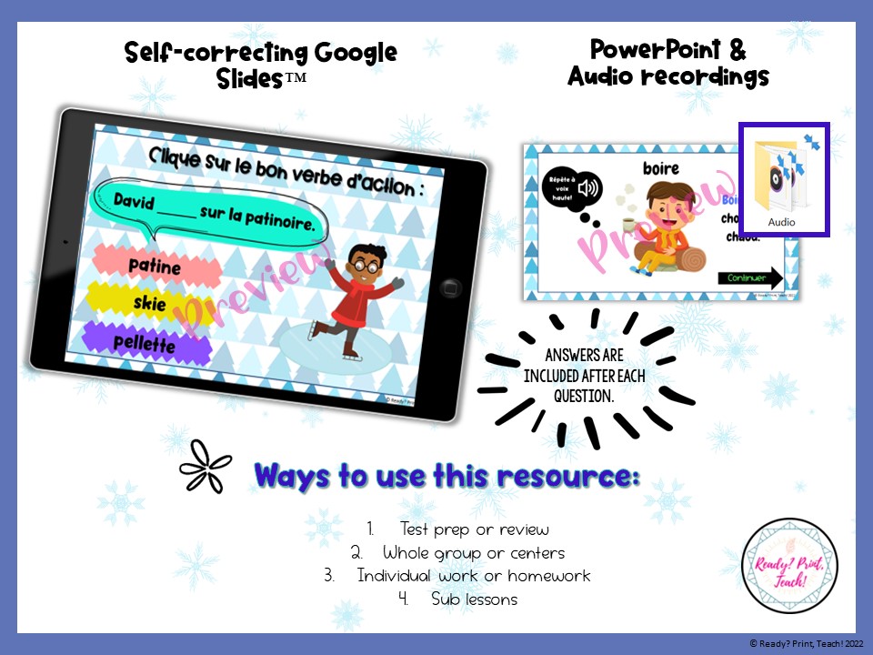 French action verbs Winter Hiver Google Slides Worksheets Audio ...