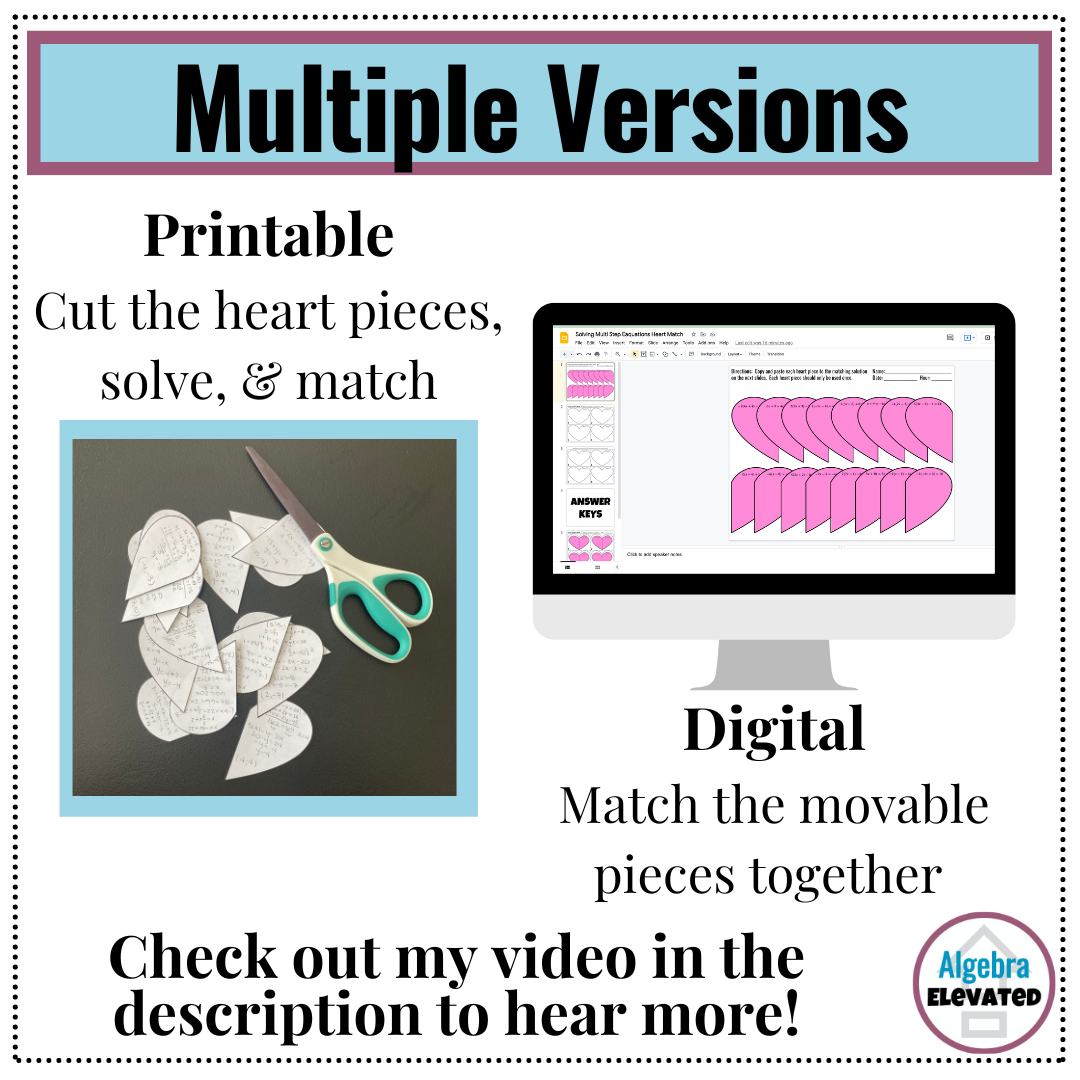 Solving Equations Match 8th Grade, Algebra 1 Valentines Day | Made By ...