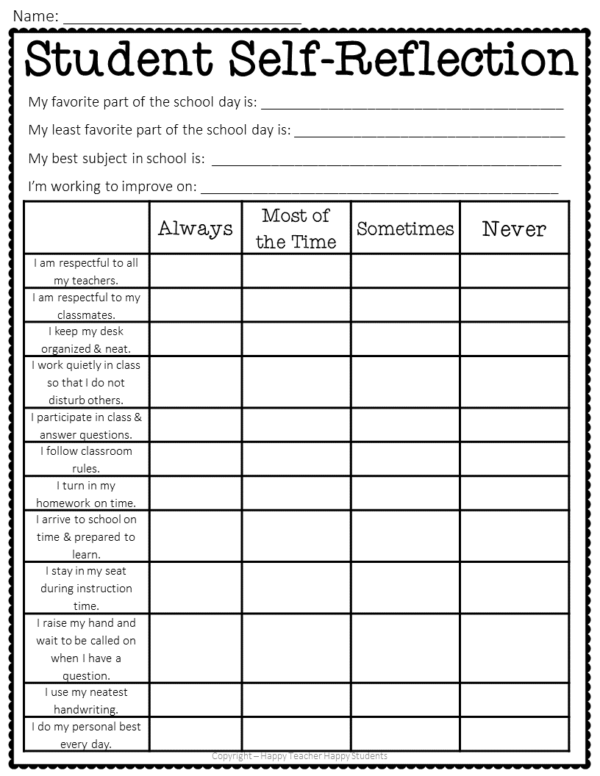 Student Self Reflection Assessment: Student Self Evaluation Form for ...