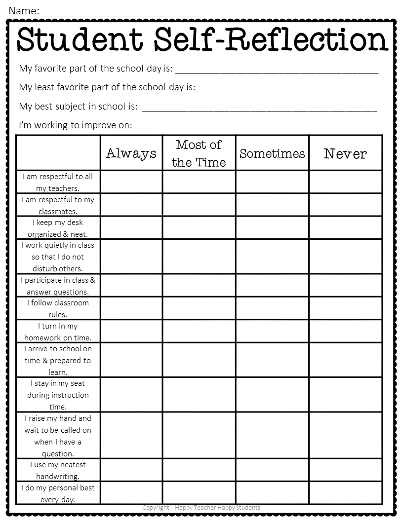 Student Self Reflection Assessment Student Self Evaluation Form For